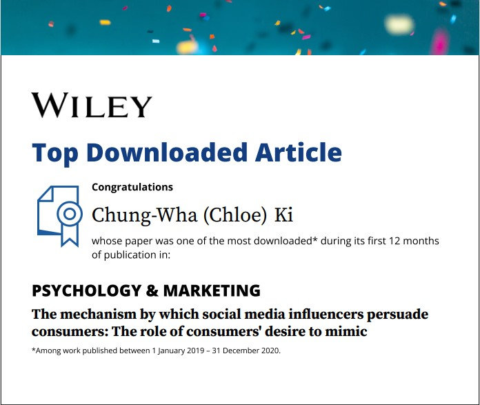 Dr. Ki's research published in Psychology & Marketing was recognized as one of the Top ...